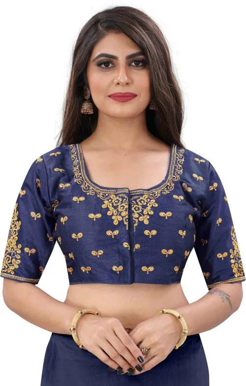 Buy Jay Pal Women Dark Blue Embriodered Art Silk U-Neck Blouse Online ...