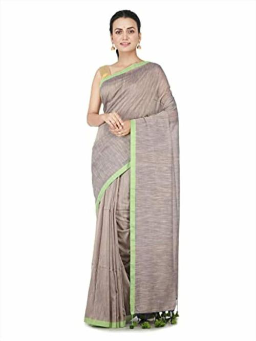 Buy PinkLoom Women Beige Solid Cotton Handloom Saree with Blouse Piece Online at Best Prices in ...