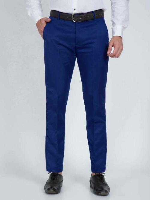 Buy CYPHUS Men Regular Fit Blue Cotton Blend Trousers Online at Best ...