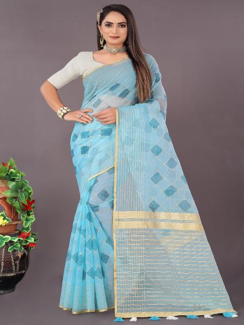 Buy Saree Exotica Organza Blue Colour Double Pigment Print and Leather ...