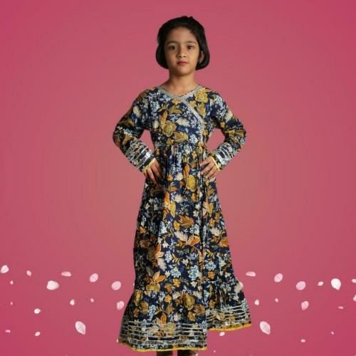 Buy Tippy Top Girls Orange Cotton Blend Floral Print Anarkali Gown (5-6 ...