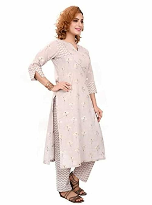 Buy RSK Ethnic Wear Women Grey Printed Cotton Slub Straight Kurta Palazzo Set - M Online at Best ...