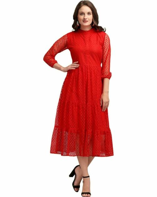 Buy Westhood Women Red Self Design Polyester Design Dress - M Online at ...