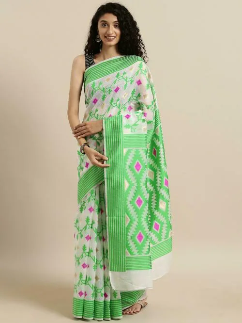 Buy VASTRANAND Women White Cotton Silk Woven Design Saree Online at ...