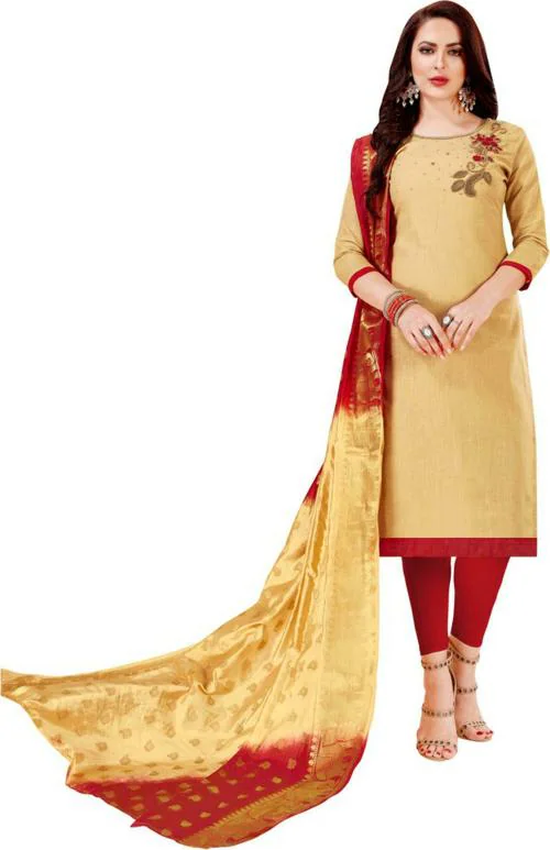 Buy Manvaa Women Beige Embroidered Cotton Blend Semi-Stitched Dress ...