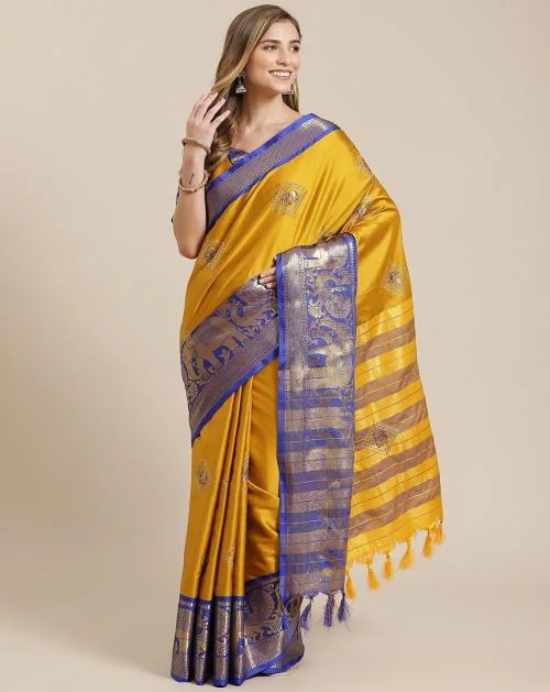 Buy KAVINDI Woven Dharmavaram Cotton Silk Saree (Yellow) Online at Best ...