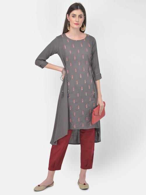 Buy Span Women Grey Embroidered Pure Cotton A-Line Kurta - Na608 Online ...