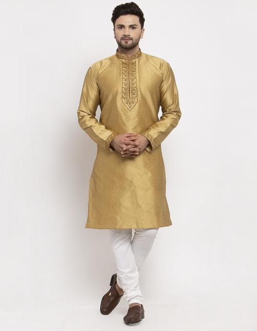 Buy Benstoke Men's Gold Yoke Design Solid Kurta with White Churidaar ...