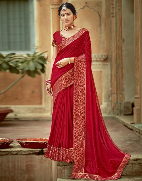 Buy Satrani Poly Silk Red Color Saree with Blouse piece Online at Best ...