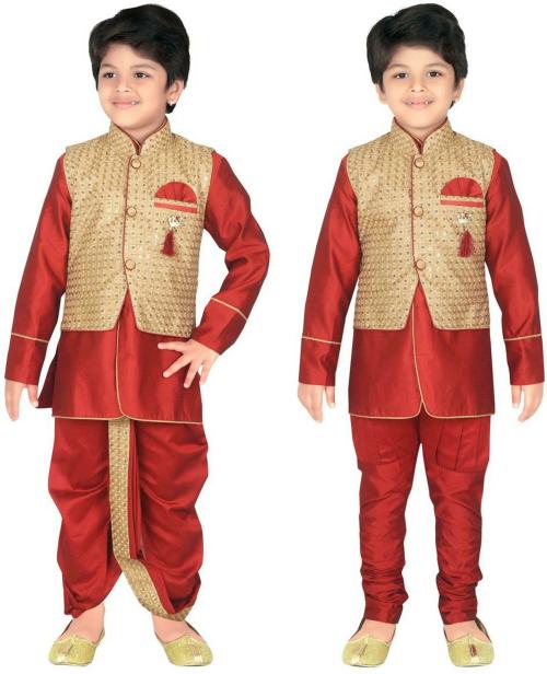 Buy Ahhaaaa Boys Maroon Full Sleeve Silk Cotton Blend Solid Kurta Waistcoat and Dhoti Pant Set ...