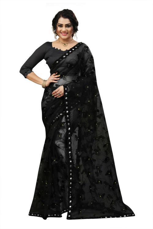 Buy N V Patel Women Black Embroidered Net Bollywood Saree Online at ...
