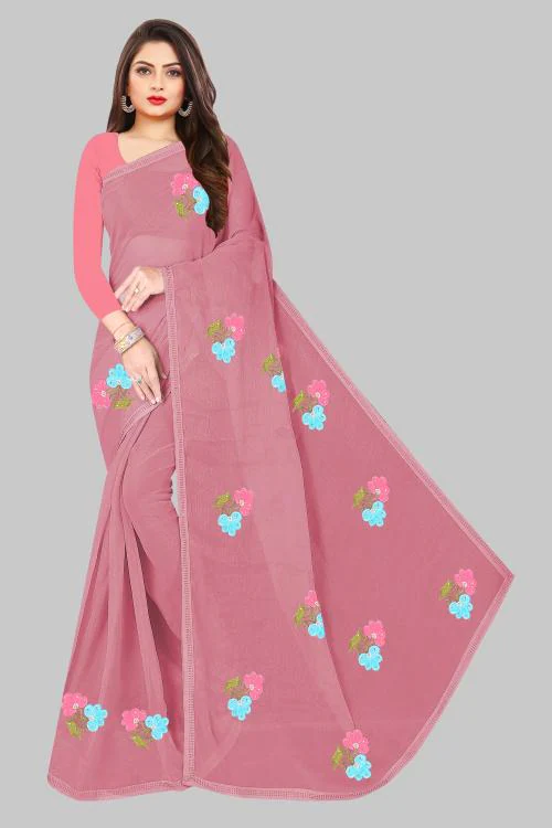 Buy KIWIE Pink Shimmer Chiffon Embroidered Thread Work Saree With ...