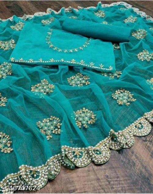 Buy Harmi Fashion Women Light Blue Embroidered Net Bollywood Saree ...