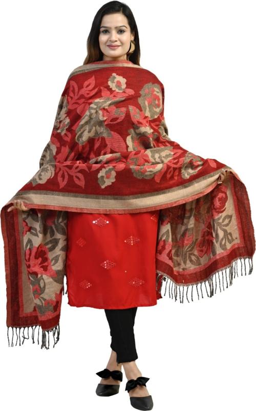 Buy FusFus Women Red Self Design Wool Shawl - Free Size Online at Best ...