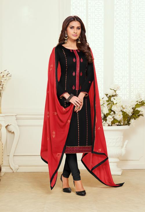 Buy Black & Red Jam Silk Embroidered Dress Material Online at Best ...