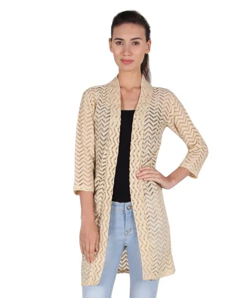 Buy Sweekash Solid Long Length Lace Net 3/4th Sleeve Beige Shrug Online ...