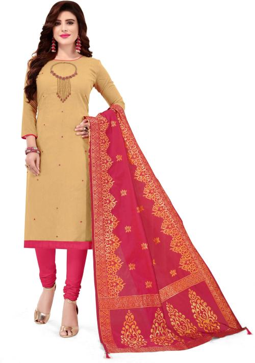 Buy Manvaa Women Beige Embroidered Cotton Semi-Stitched Dress Material ...