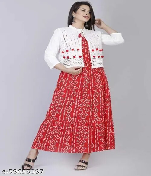 Buy Diyansh Creations Bandhej Kurtis with Schiffli Jacket-Size-XXL-Red ...