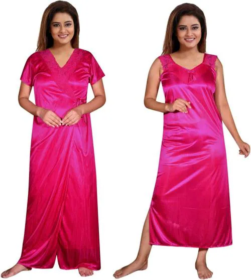 Buy Pursa Multicolor Satin Self Design Nighty with Robe, Free Size ...