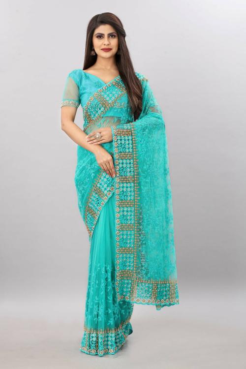 Buy Yara Creation Women Firozi Embroidered Net Bollywood Cut Work Saree ...