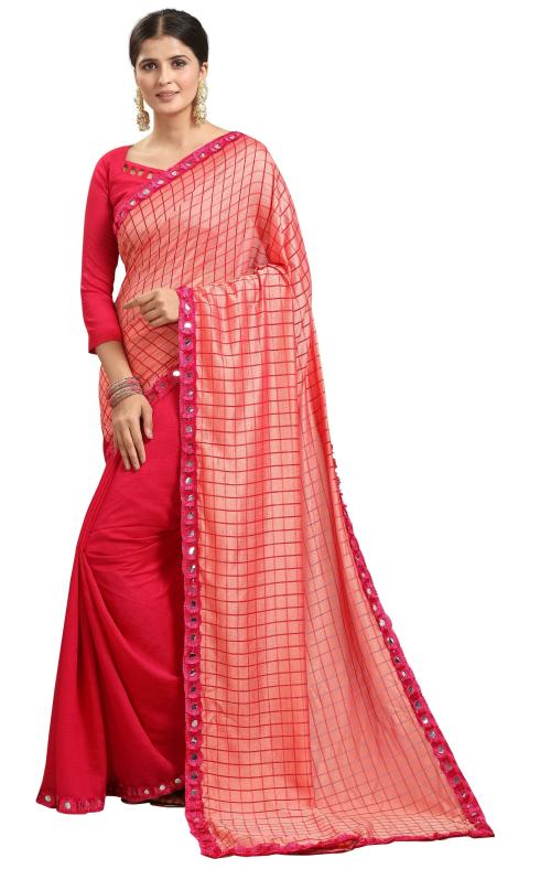 Buy Ethnic Junction Women's Silk Blend Pink Checks Half And Half Saree ...