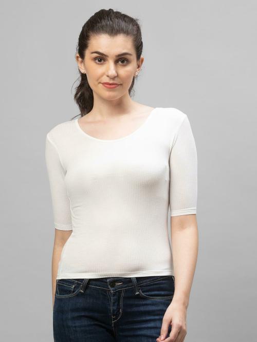 Buy GLOBUS Women Cloud Dancer Solid Viscose Tshirt Online at Best ...