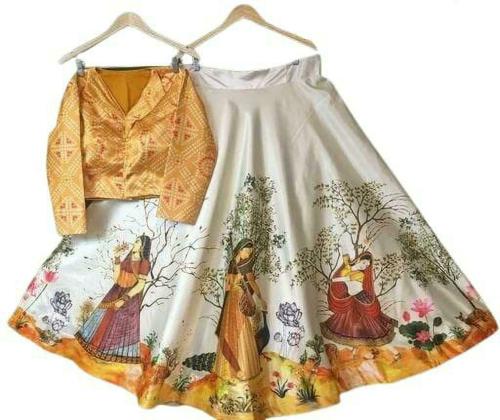 Buy SHOPCLASS Girls White Printed Satin Lehenga Choli Set (9-10Y ...