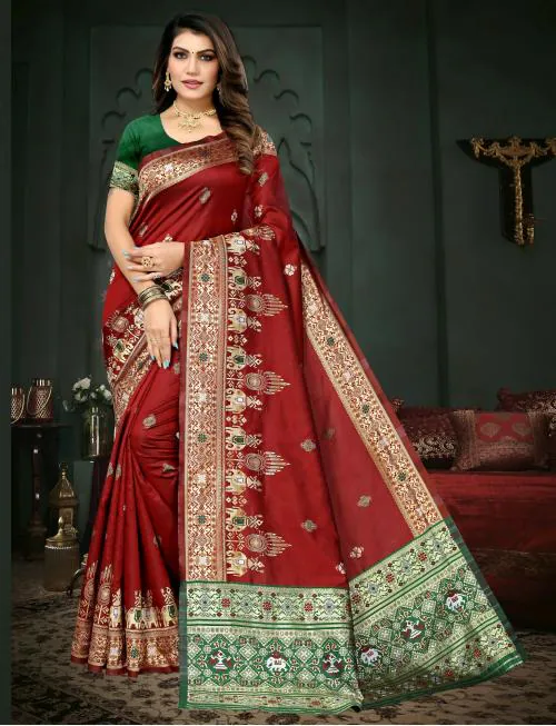 Buy SWIFFIN Most Demanding Litchi Silk Patola Red & Green Saree For ...