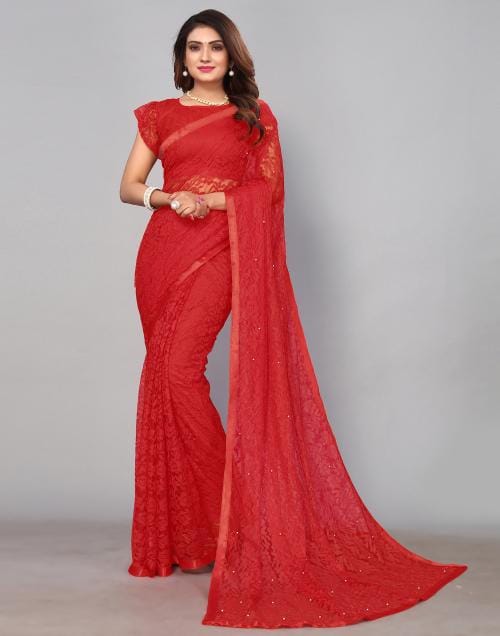 Buy Siril Net Red Color Saree with Blouse piece Online at Best Prices ...