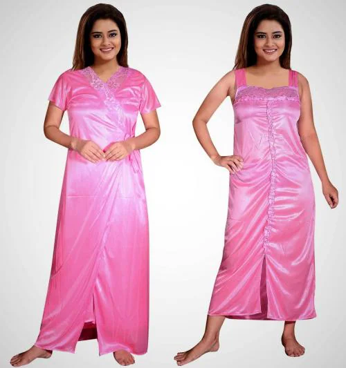 Buy Pursa Multicolor Satin Self Design Nighty with Robe, Free Size ...