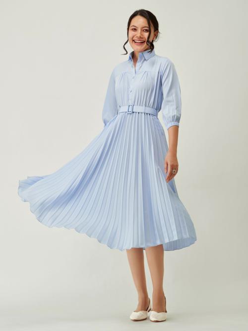 Buy AASK Polyester Sea Blue Color Pleated Collered Dress With Belt ...