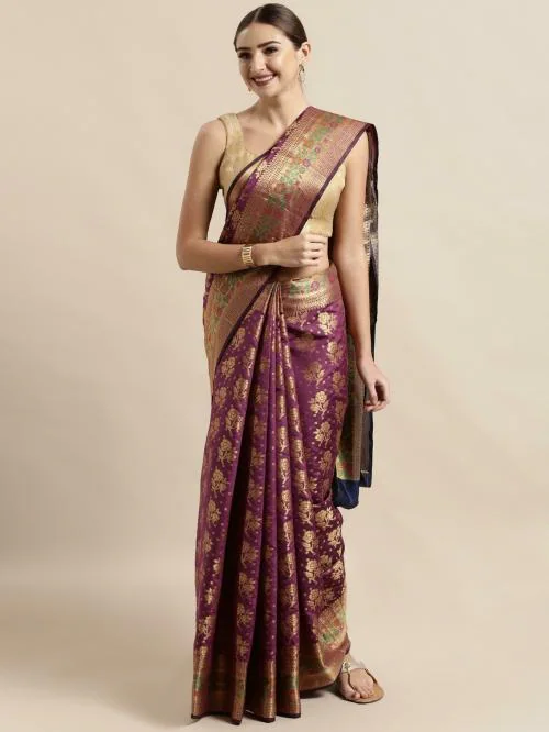 Buy VASTRANAND Women Burgundy Silk Blend Woven Design Saree Online at ...