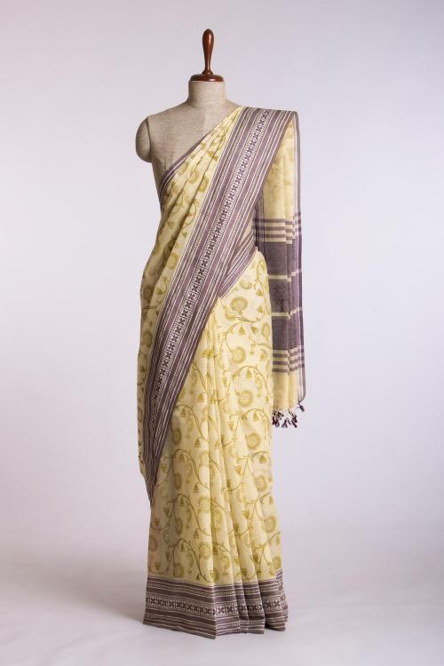 Buy Ksr Handlooms Chettinadu cotton saree with handprinted floral ...