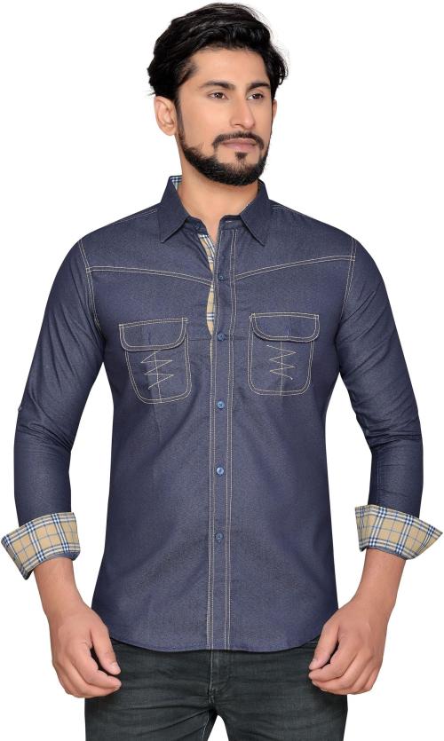 Buy PP SHIRTS Men Blue Solid Denim Casual Shirt (M) Online at Best ...