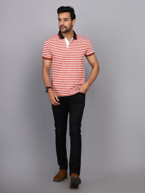 Buy JAGURO Men Striped Polo Neck Cotton Blend T-Shirt Online at Best ...