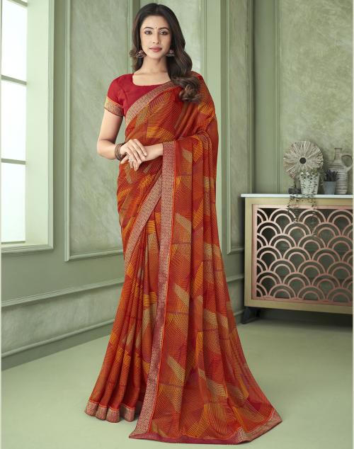 Buy Siril Chiffon Red Color Saree with Blouse piece Online at Best ...
