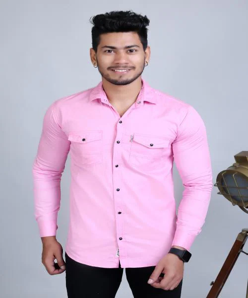 Buy PODGE Men Slim Fit Solid Spread Collar Casual Dark Pink Shirt ...