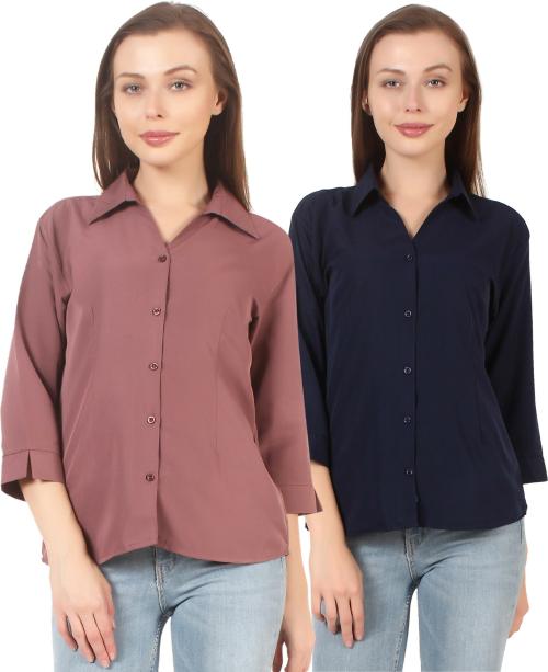 Buy HUNOOR Enterprises Womens Lavender and Navy Solid Crepe Pack of 2 Formal Shirt l women shirt ...