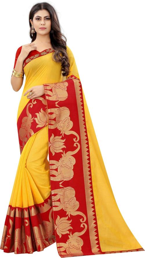 Buy Febo Fashion Women Yellow Woven Design Cotton Blend Single Saree ...