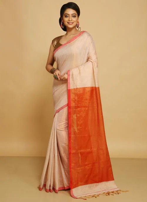 Buy Abrita Saree Handloom Dual Tone Tisu Anchal Saree (White And Red ...