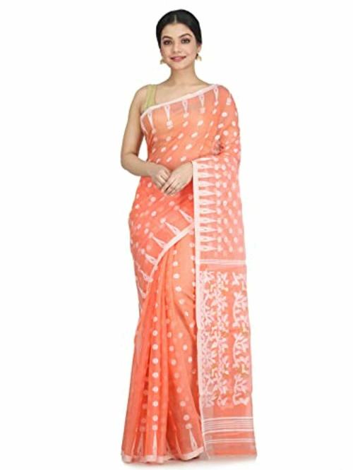 Buy PinkLoom Women Orange Woven Pure Cotton Jamdani Saree Without Blouse Piece Online at Best ...