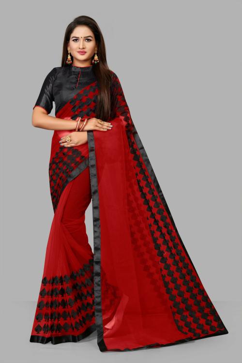 Buy N V Patel Women Red Embroidered Net Bollywood Saree Online at Best ...