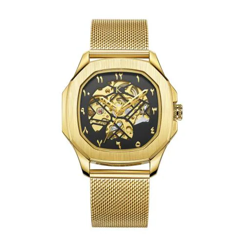 Buy Kredo Analogue Black Dial Gold Strap Otus Automatic Skeleton Watch ...