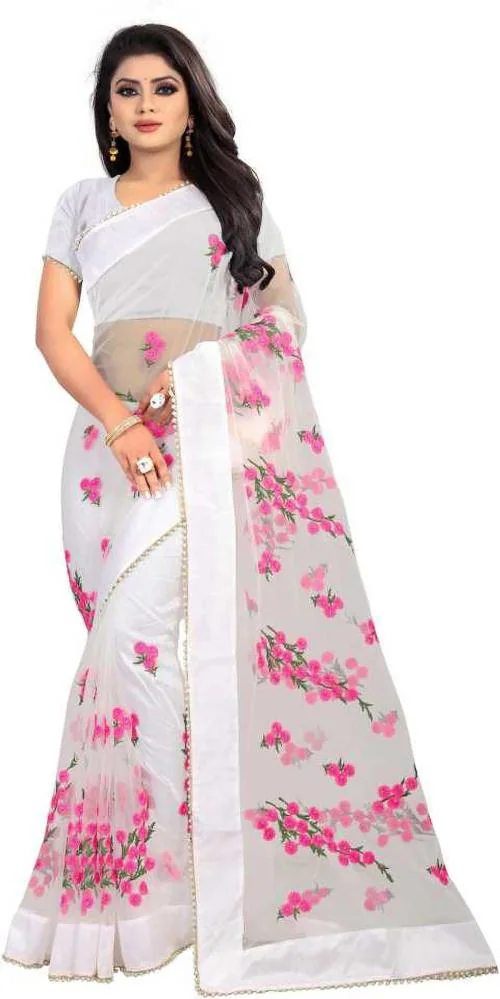 Buy N V Patel Women White Embroidered Net Bollywood Saree Online at ...