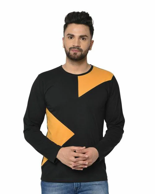 Buy Glito Color Blocked Black & Mustard Full Sleeves Round Neck T ...