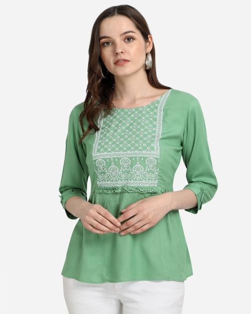 Buy 14 Fab Women Rayon Fabric Printed Mint Green Color top For women Online at Best Prices in ...
