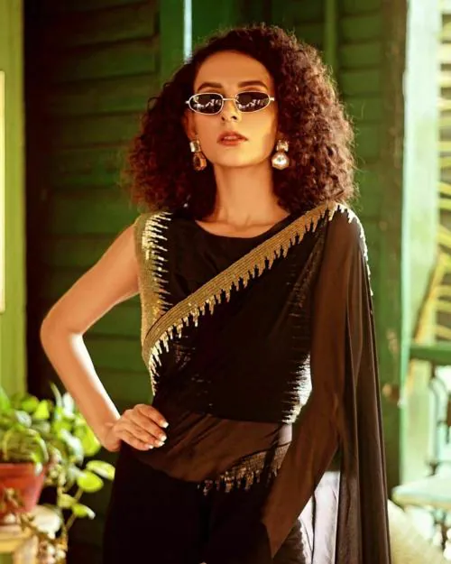 Buy Hari Mirch Black Colour Premium Georgette Beautiful Golden Sequins ...