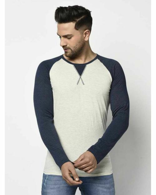 Buy Glito Color Blocked Grey & Dark Blue Full Sleeves Round Neck T ...