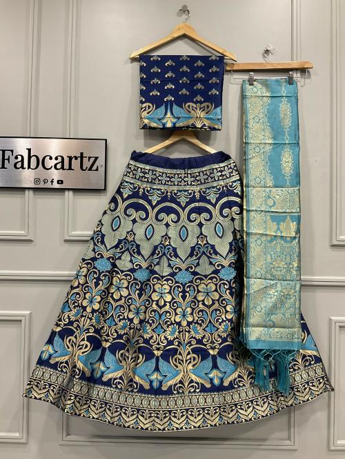 Buy Fabcartz Women Navy Blue, Firoji Self Design Jacquard Lehenga Choli ...