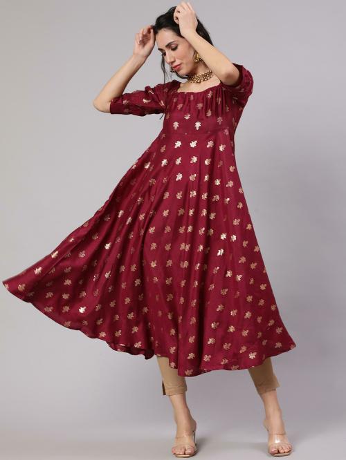 Buy Aks Maroon Gold Foil Printed Flared Anarkali Online at Best Prices ...